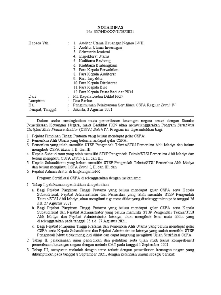 Pengumuan Pelaksanaan Sertifikasi CSFA Reguler Batch IV | PDF