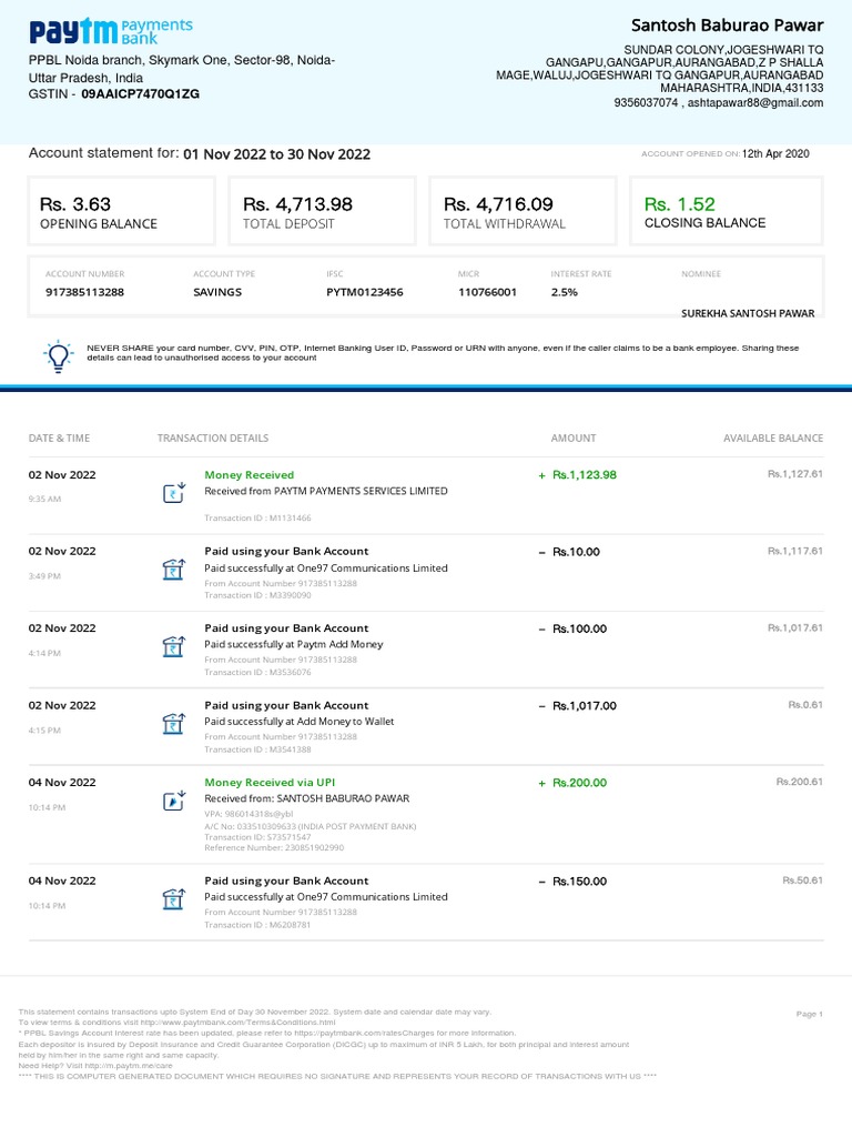 Account Statement 011122 301122 | PDF | Banks | Deposit Account