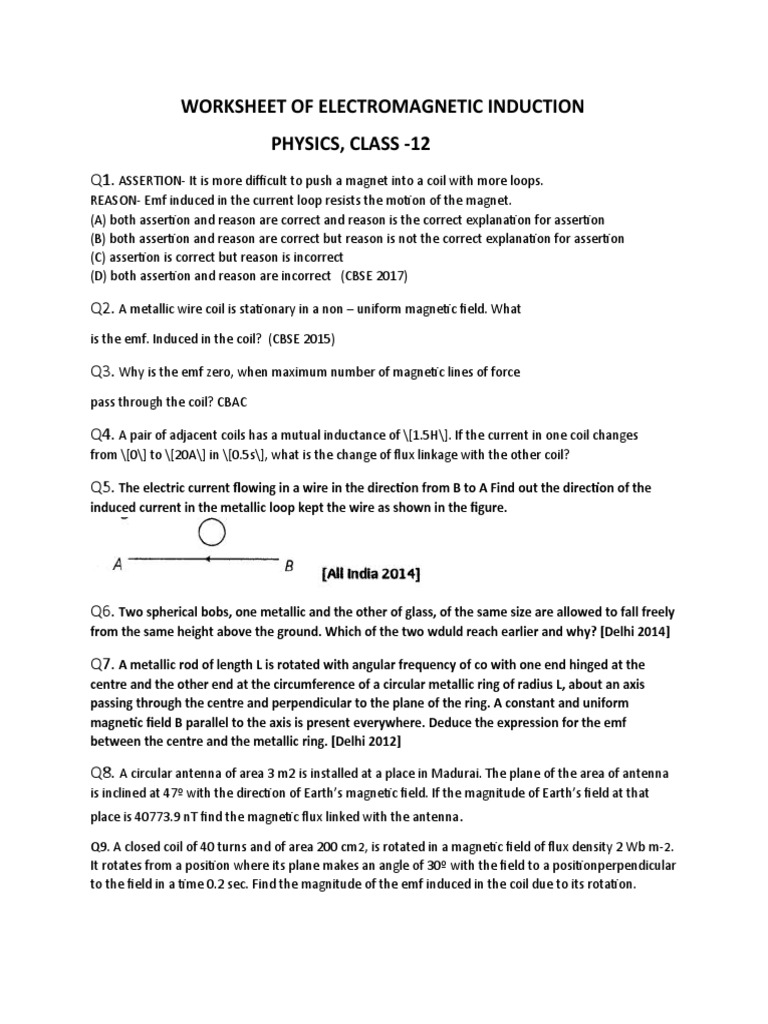 Worksheet of Electromagnetic Induction | PDF | Inductor ...