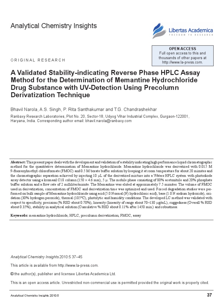 A Validated RP-HPLC Assay Method For Memantine HCL | PDF | High ...