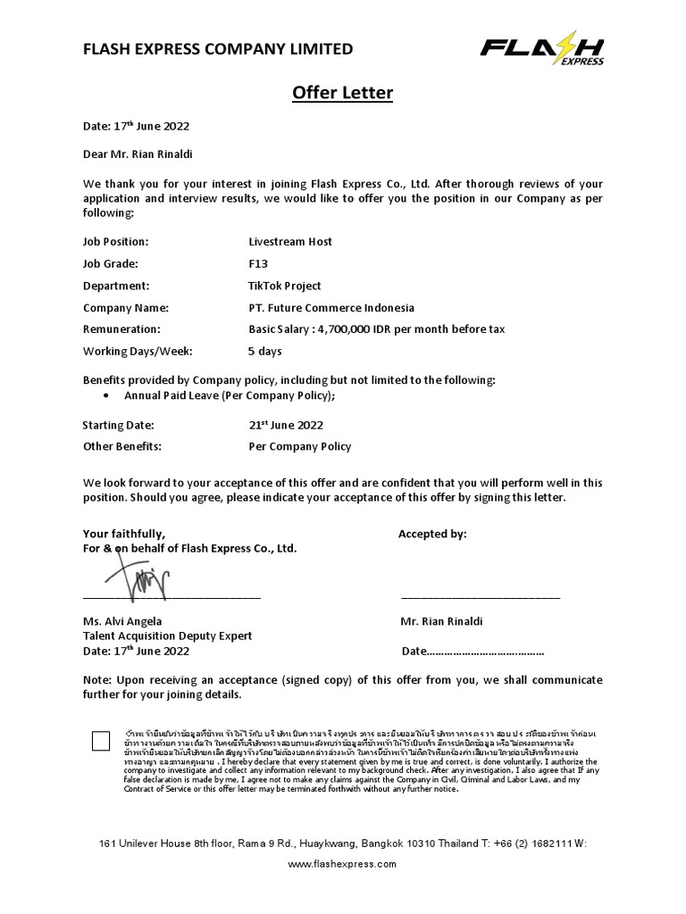 Offer Letter - Rian Rinaldi | PDF