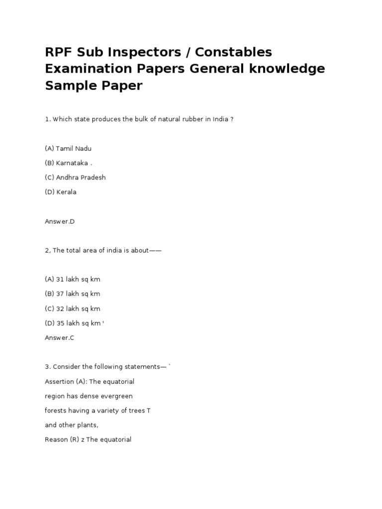 RPF Sub Inspectors Constables Exam Sample Paper 6 | PDF | Tamil Nadu
