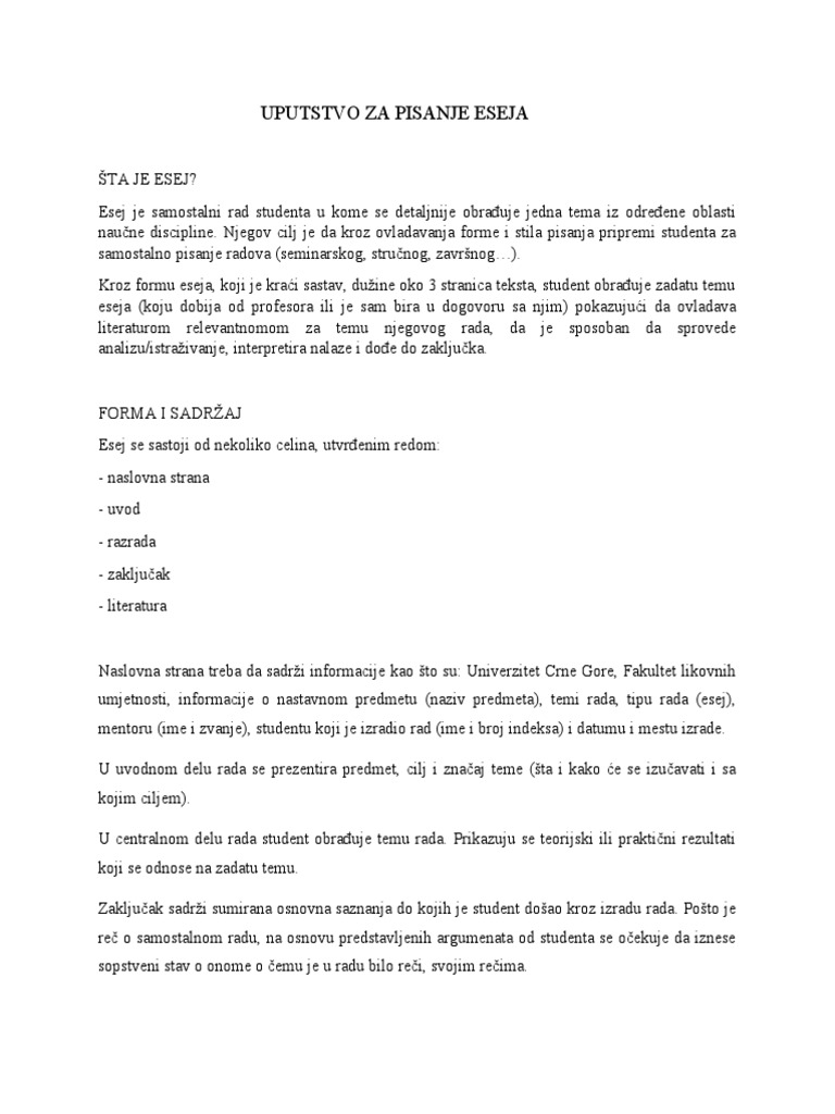 Uputstvo Za Pisanje Eseja | PDF