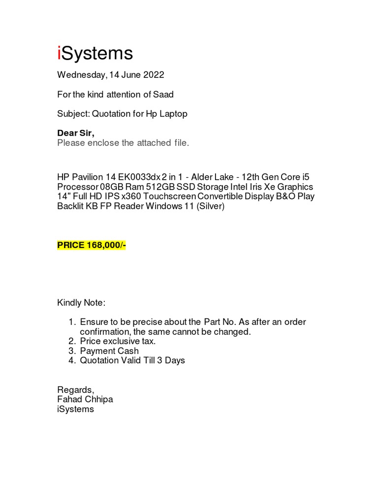 Quotation For HP Laptop | PDF | Games & Activities | Technology ...