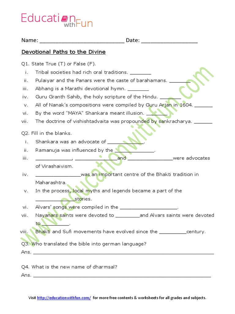 Devotional Paths To The Divine Worksheet 1 | PDF | Bhakti Movement | Bhakti