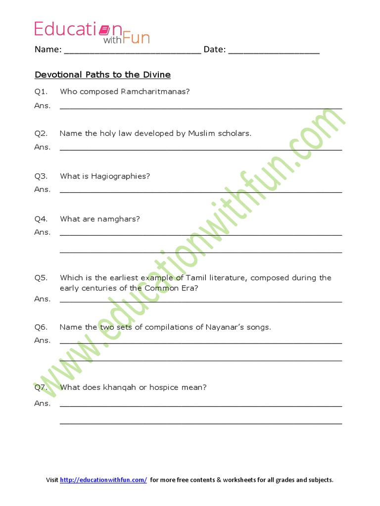 Class 7 Devotional Paths Worksheet | PDF | Religion & Spirituality