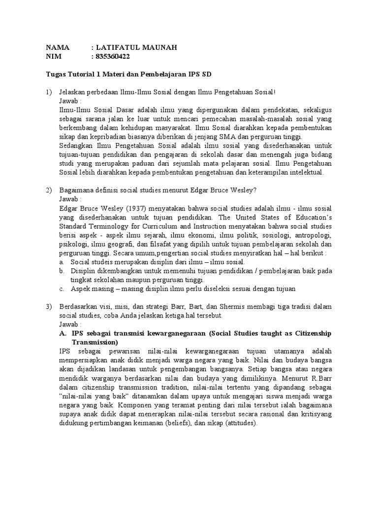 Tugas Tutorial 1 Materi Dan Pembelajaran IPS SD | PDF
