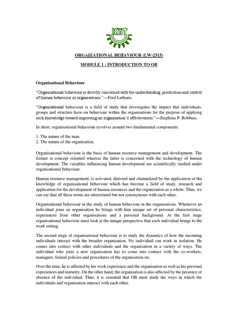 MODULE 1 - OB-Lesson Plan-Revised 2022 | PDF | Organizational Behavior | Leadership