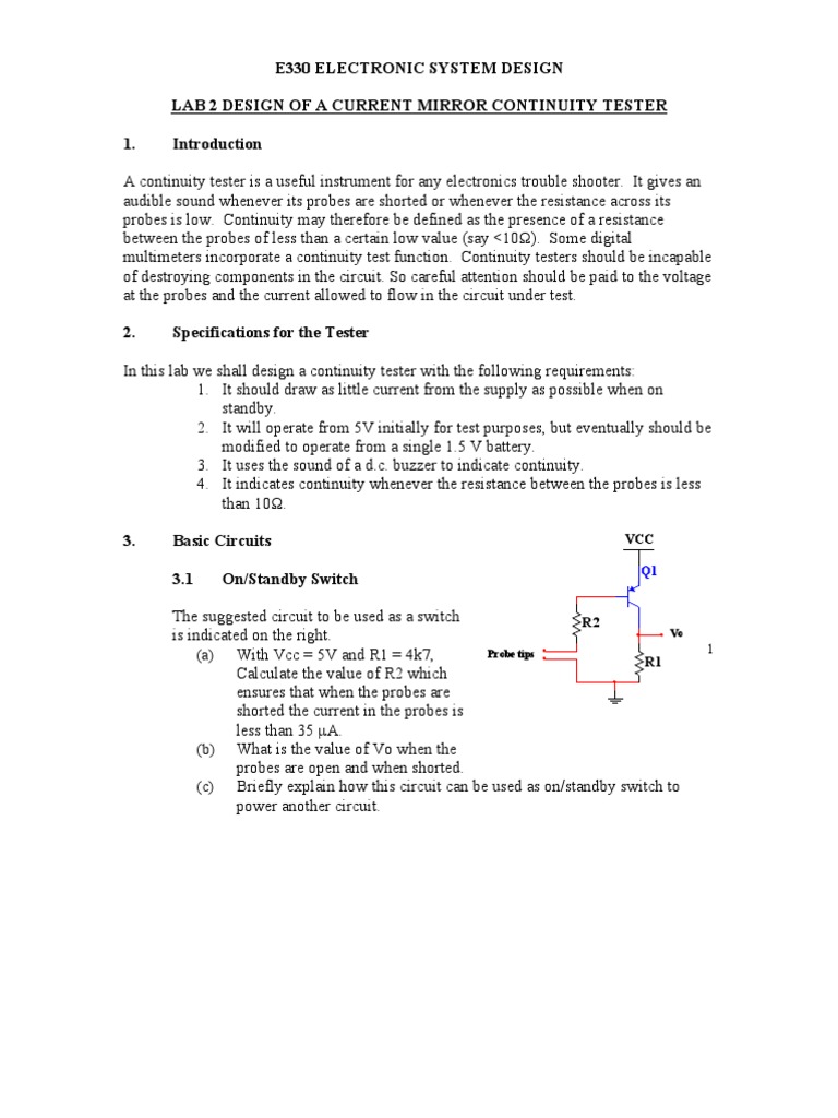 E330 Electronic System Design Lab 2 Design of A Current Mirror ...