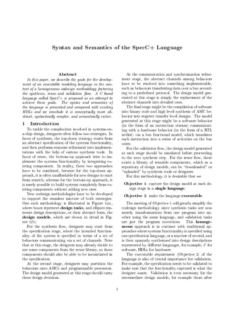 Syntax and Semantics of The Specc+ Language: Objective 1 Single ...