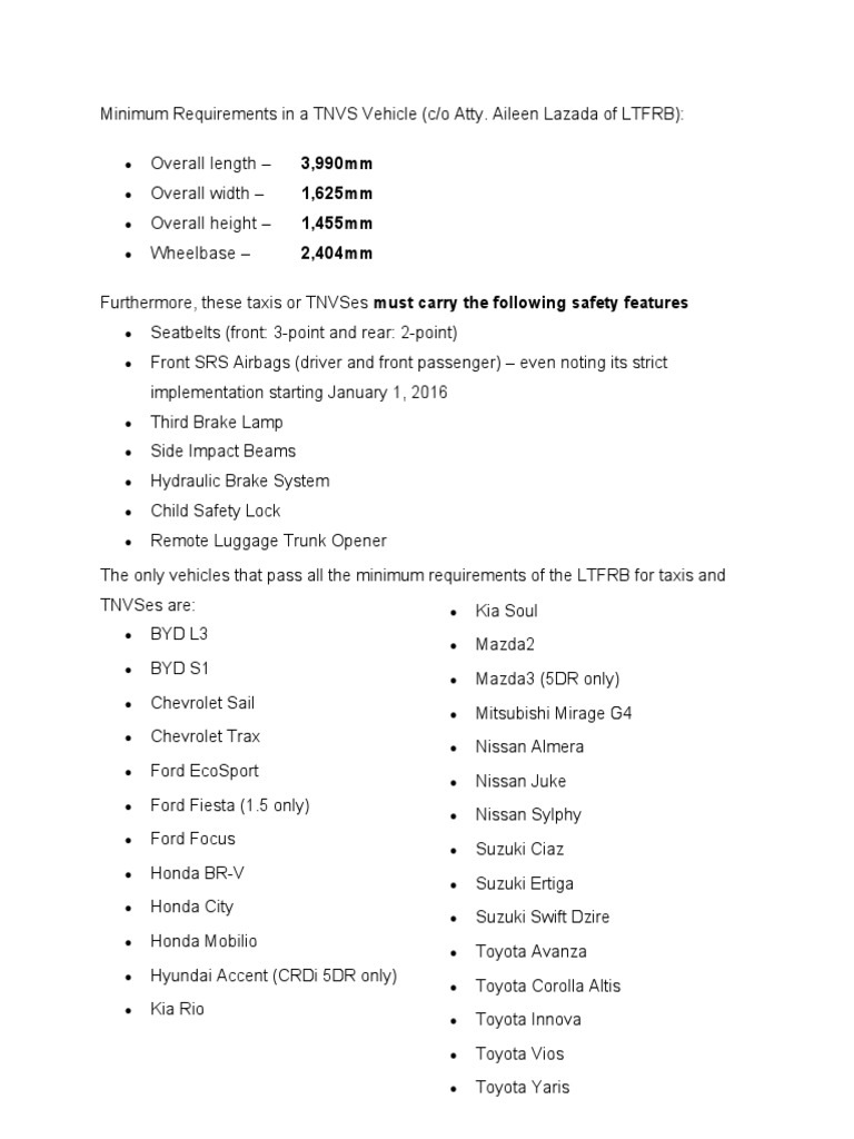 TNVS Reqs and Eligible Cars | PDF | Toyota | Motor Vehicle ...