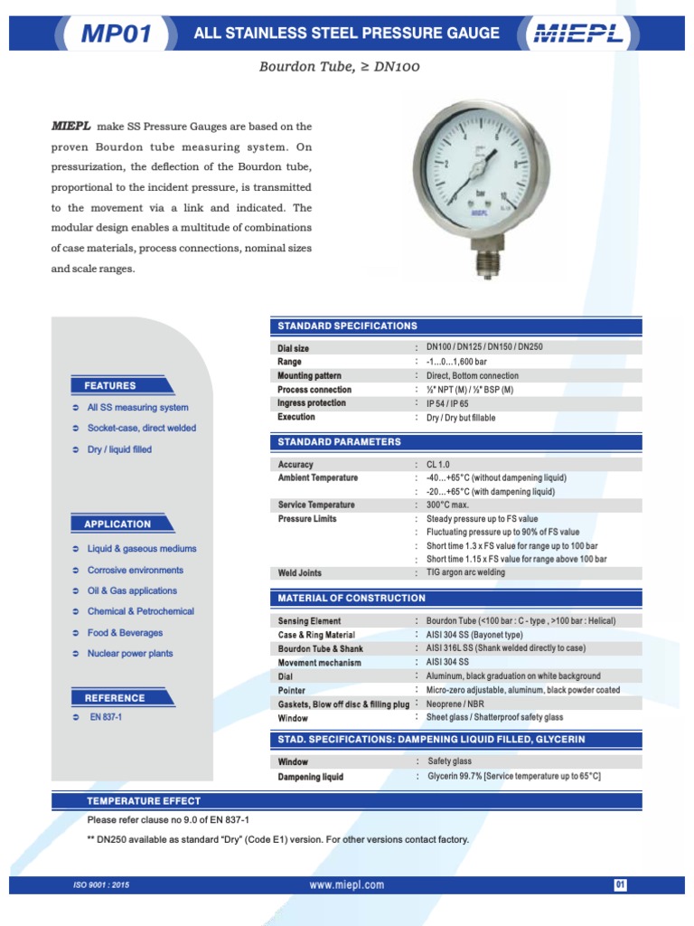Stainless Steel Pressure Gauge Specs | PDF | Pressure Measurement | Welding