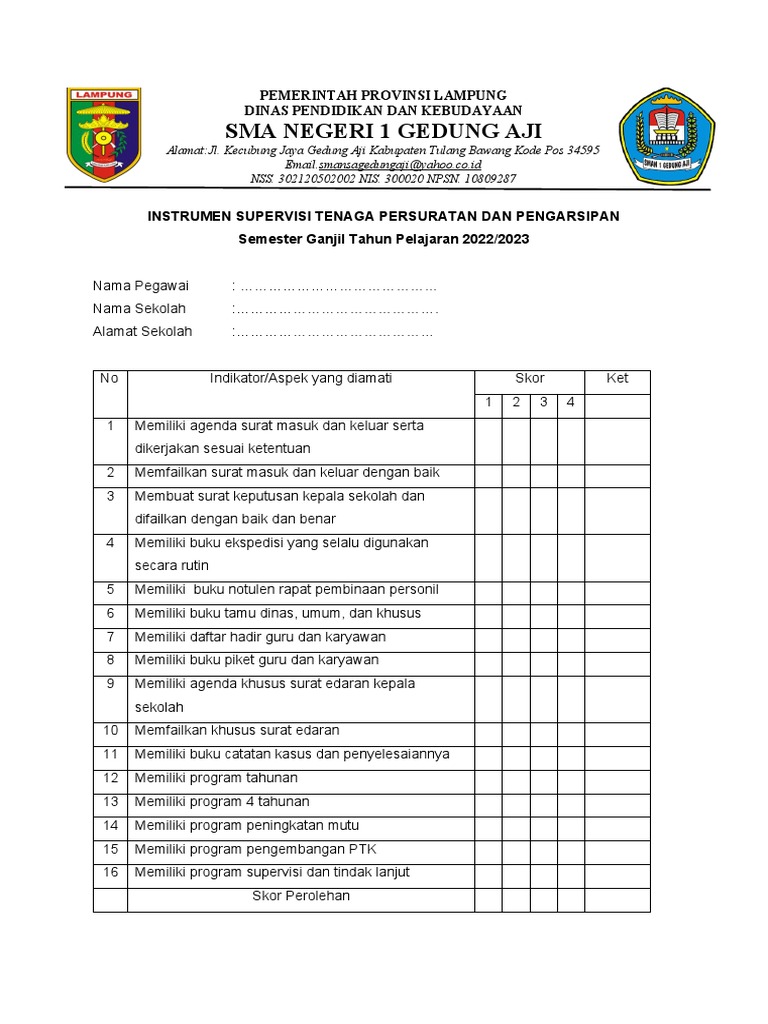 Instrumen Supervisi Tendik | PDF