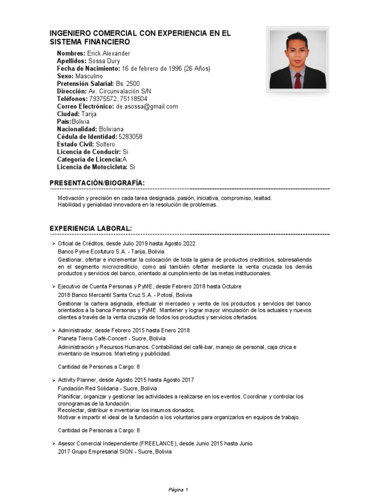 CV Erick A. Sossa D. | PDF | Bolivia | Economias