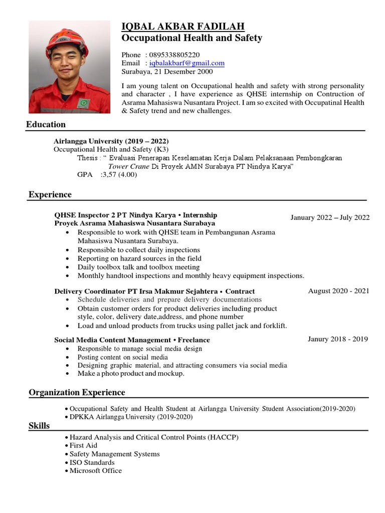 CV Hse Iqbal Akbar | PDF | Occupational Safety And Health | Safety