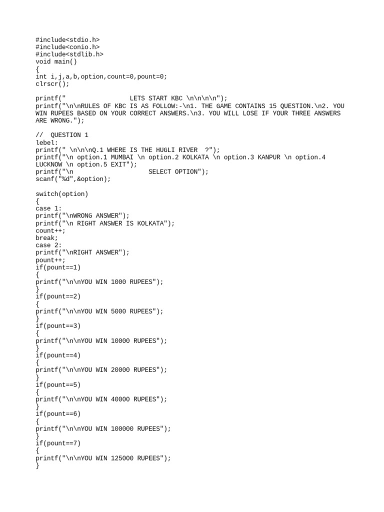 KBC Game | PDF | Computer Programming