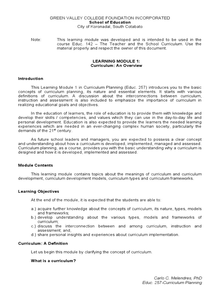 Module 1 - Curriculum Planning | PDF | Curriculum | Learning