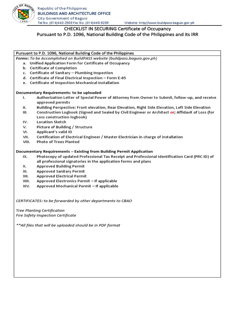 Checklist in Securing Certificate of Occupancy | PDF