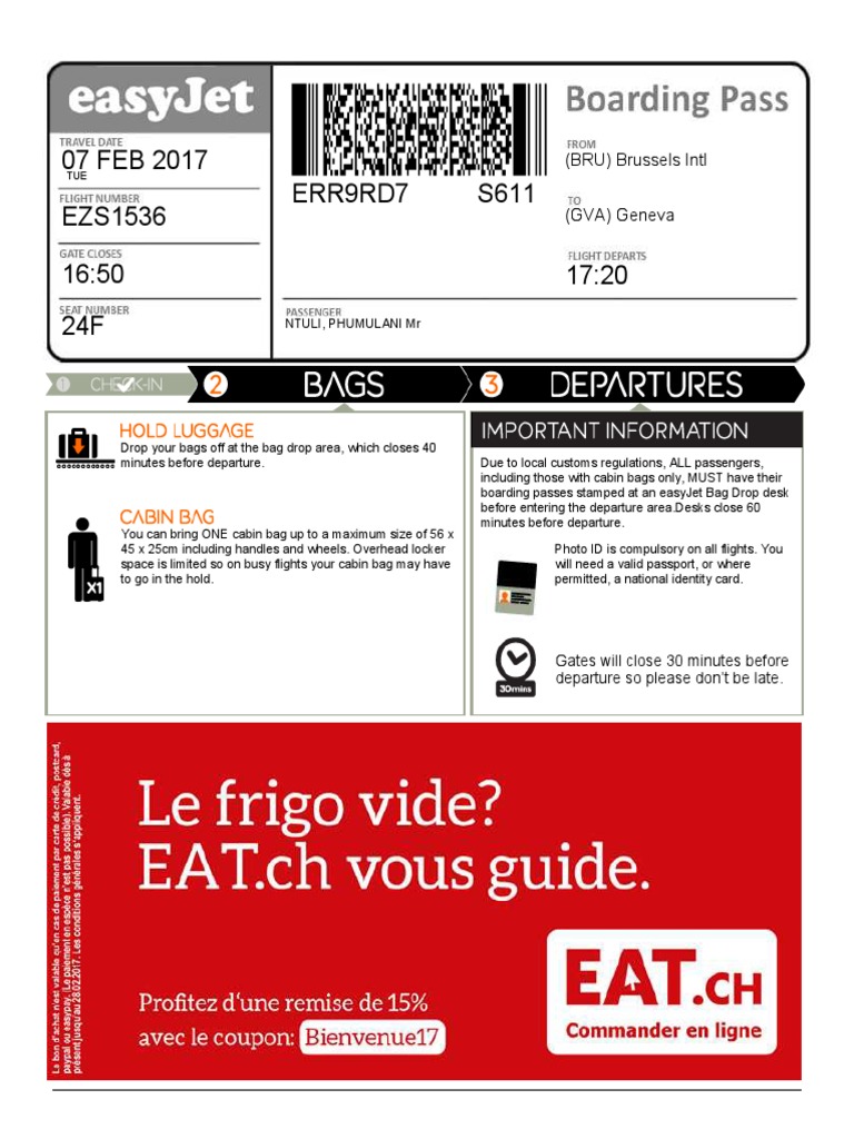 Boarding pass for Phumulani Mr Ntuli's flight from Brussels to Geneva ...