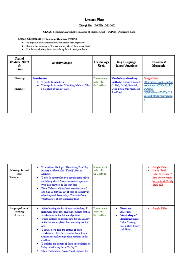Lesson Plan - Describing Food | PDF | Adjective | Linguistics