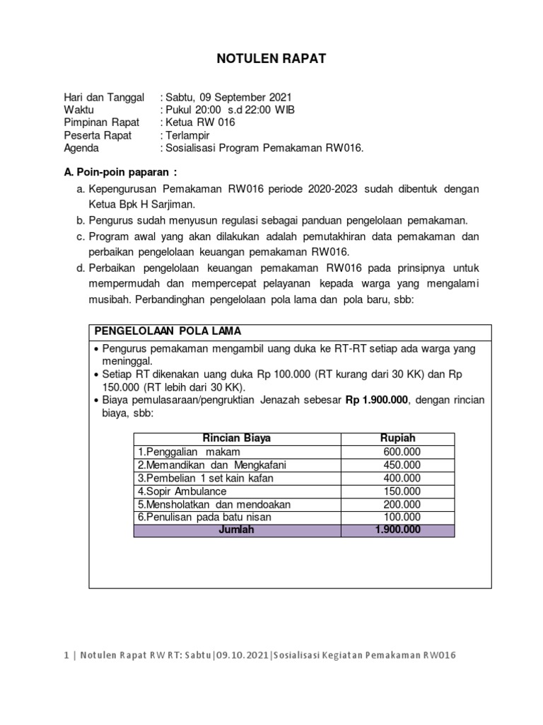 NOTULEN RAPAT RW Membahas Pemakaman 09 10 2021 | PDF
