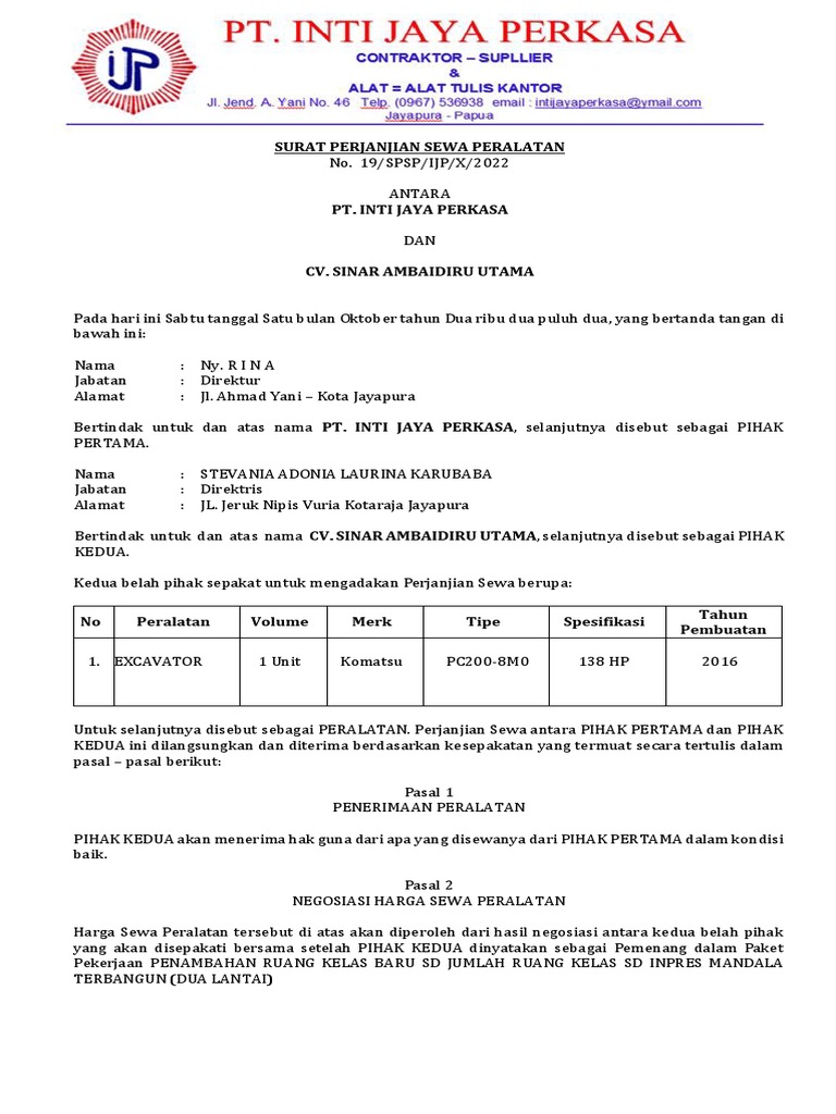 Surat Perjanjian Sewa Exca | PDF
