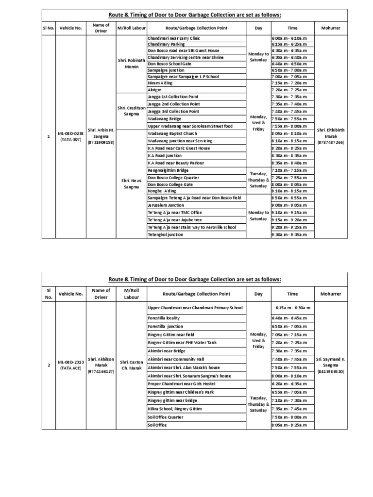 Route & Timing For Garbage Collection | PDF