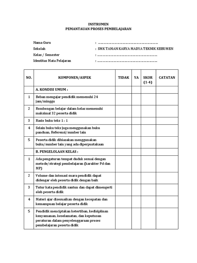 Instrumen Pemantauan Proses Pembelajaran PDF Free | PDF