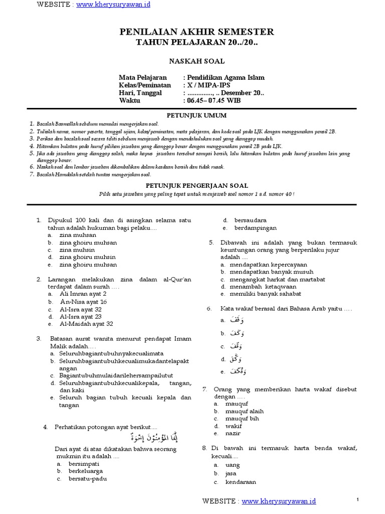 Soal PAS PAI Dan BP Kelas X - WEBSITE WWW - Kherysuryawan.id | PDF
