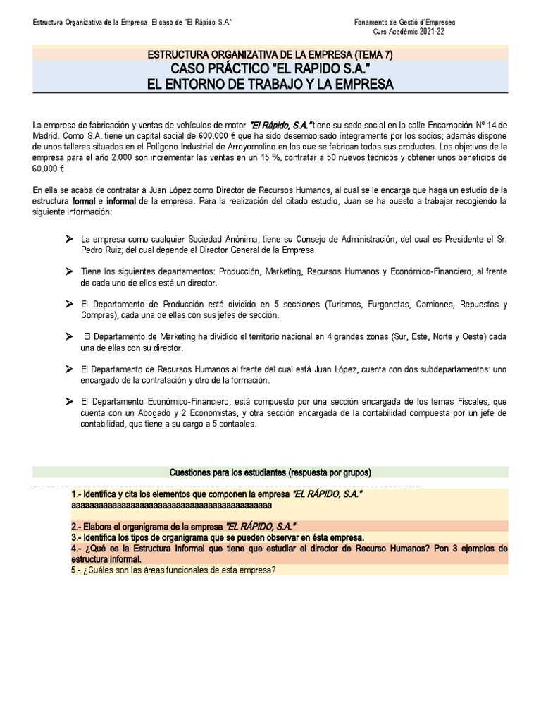 Práctica T7 2 Caso Organigrama EL RAPIDO SA-3 | PDF | Business | Contabilidad