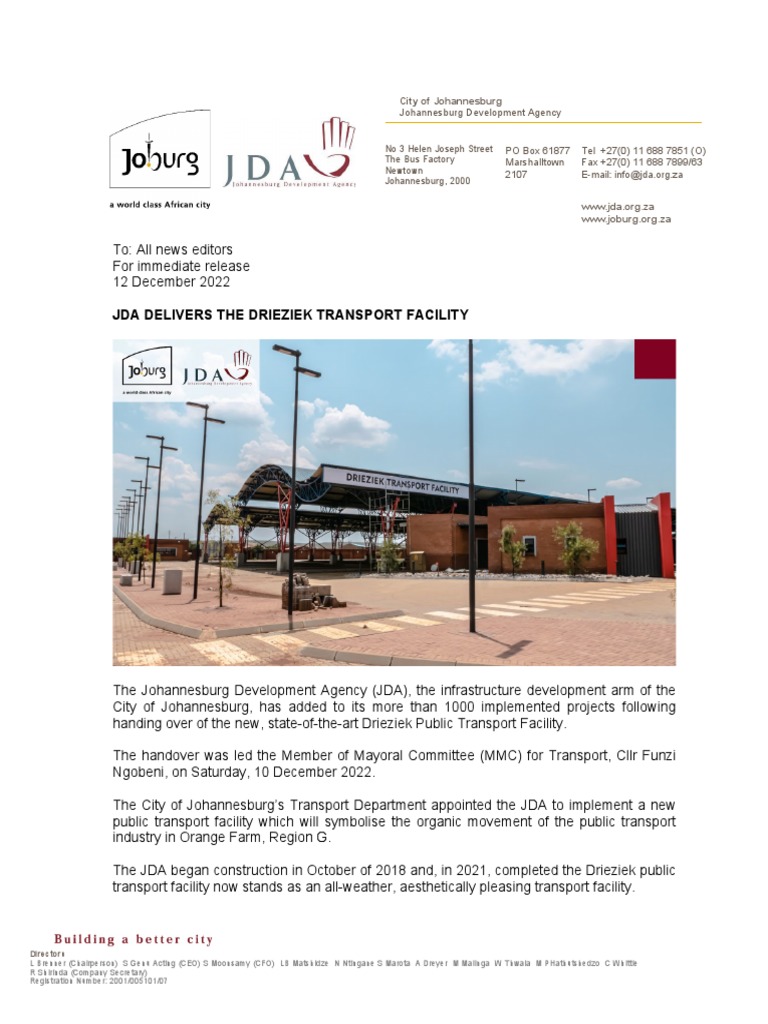 JDA Delivers Drieziek Transport Facility | PDF | Economies | Transport
