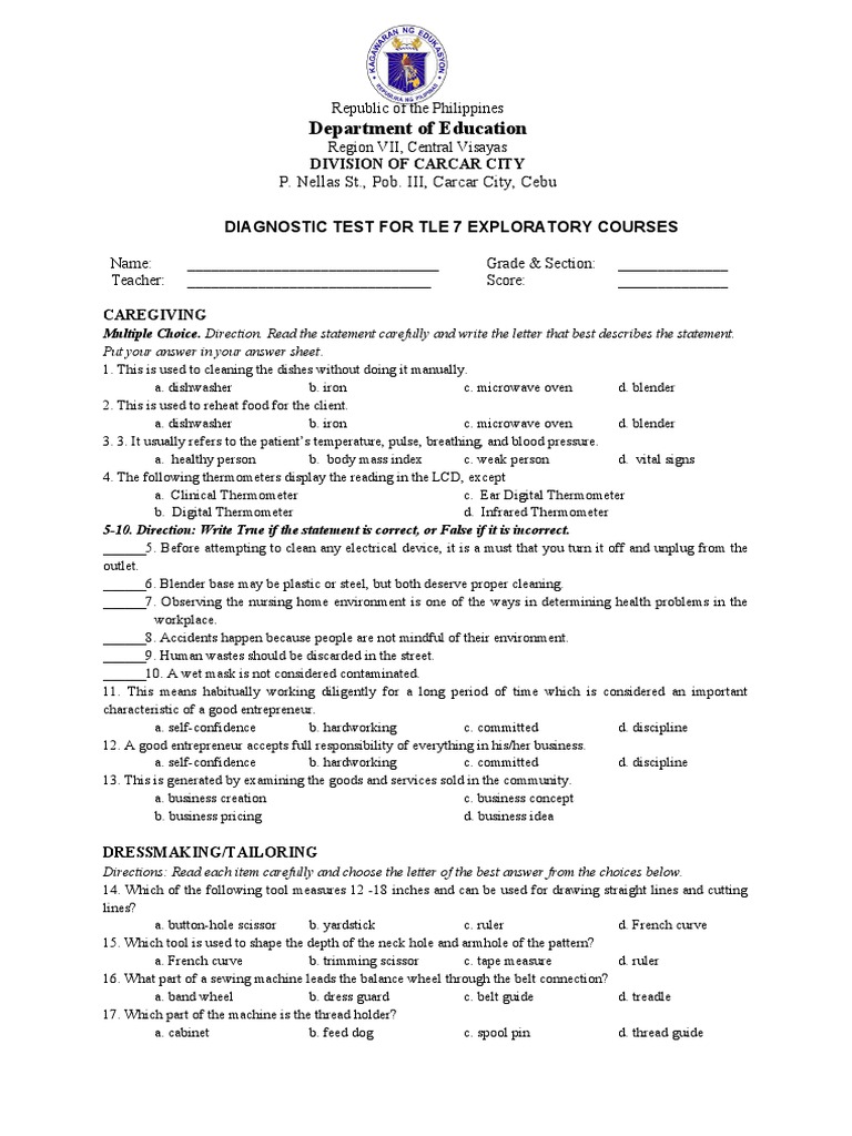 Diagnostic Test For Tle 7 Exploratory Courses Pdf