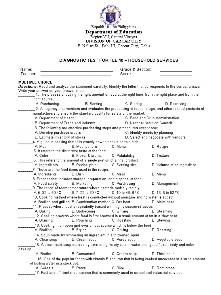 Diagnostic Test For Tle 10 | PDF | Soup | Cooking
