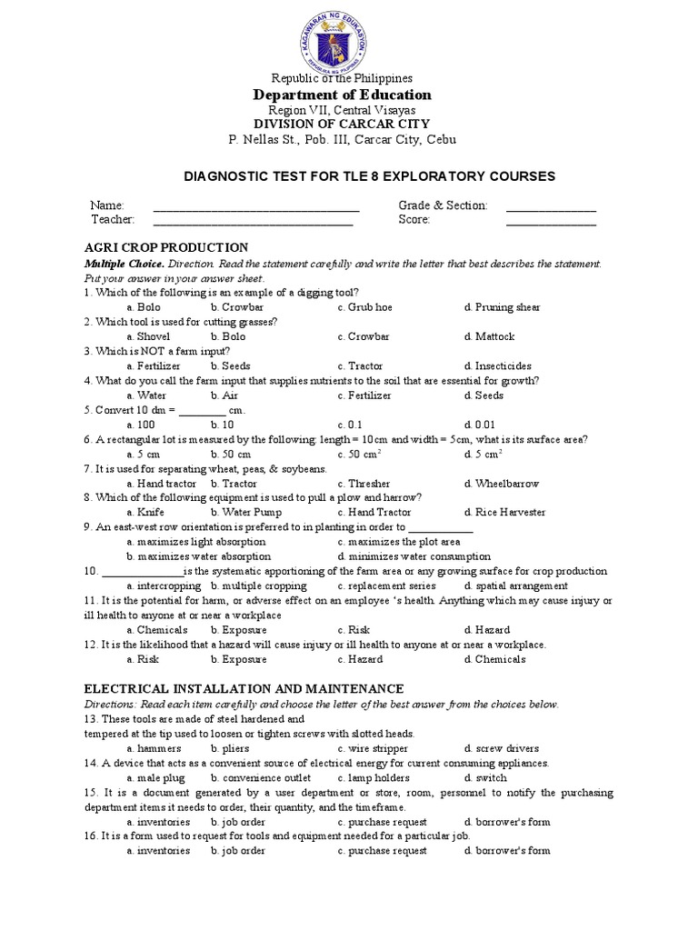 Diagnostic Test For Tle 8 Exploratory Courses Pdf Textiles Tools