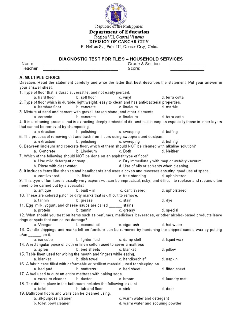 Diagnostic Test TLE 9 Household | PDF | Bed | Textiles