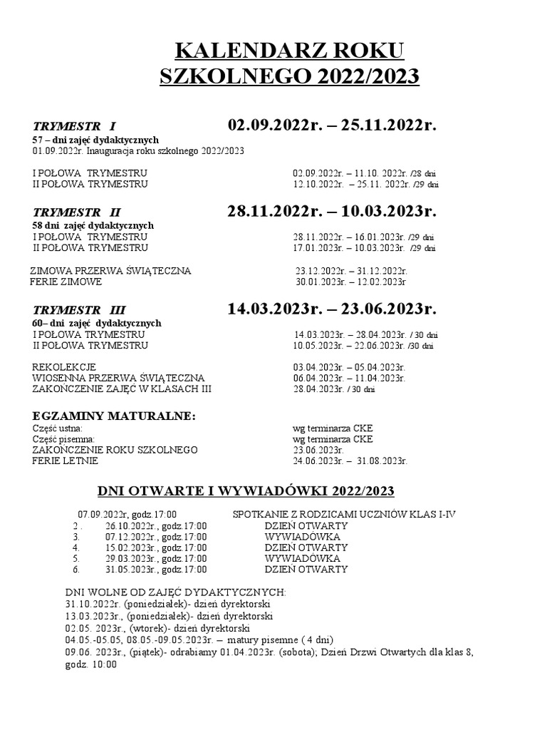 Kalendarz Roku Szkolnego 2022 2023 1 | PDF