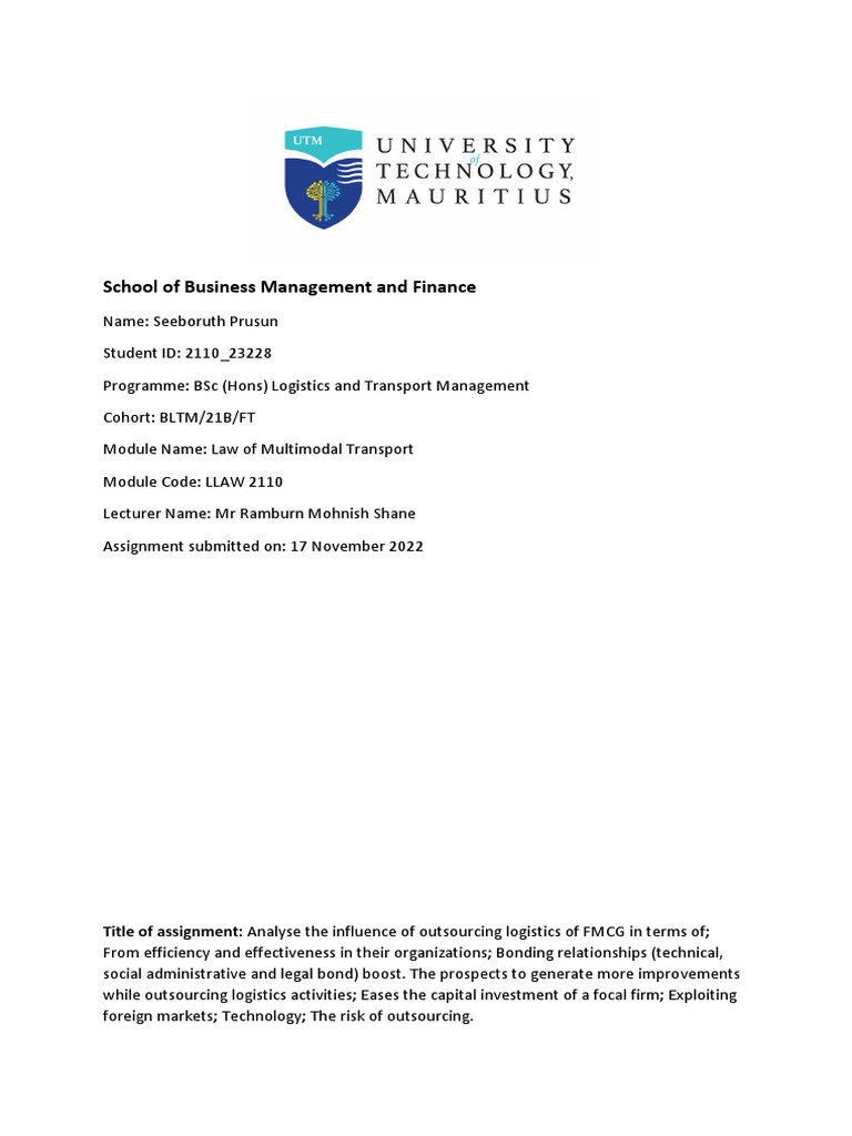 Law Of Multimodal Transport Assignment 1 Pdf Logistics Outsourcing 
