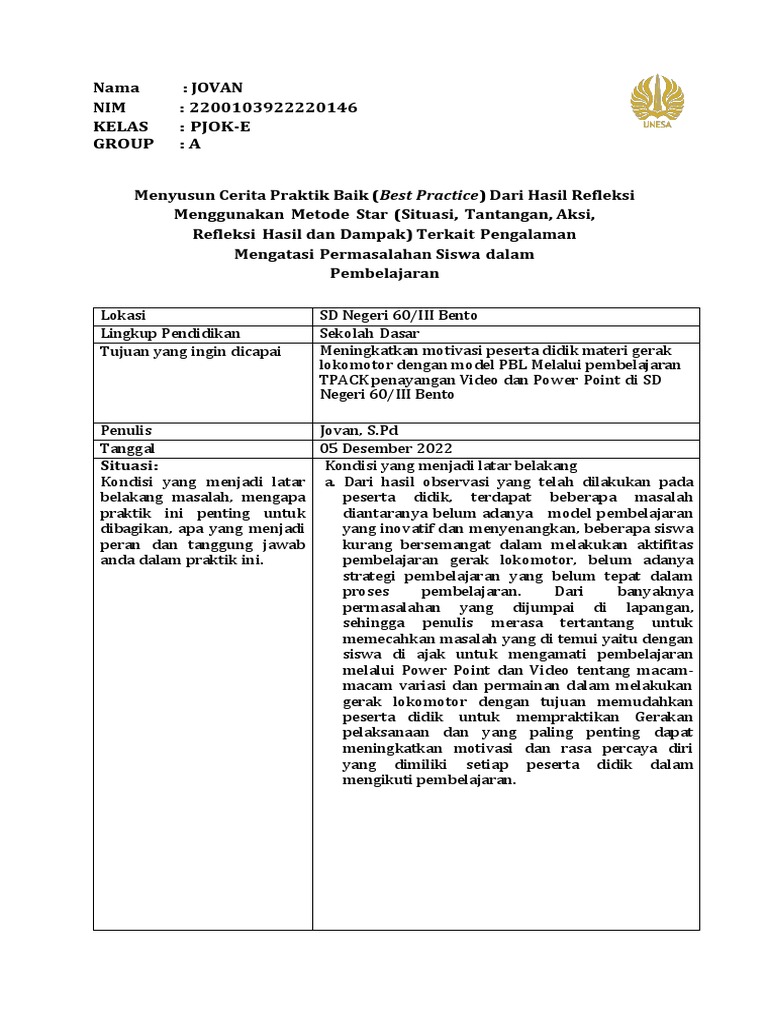 LK 3.1 Menyusun Best Practices Materi Gerak Lokomotor (PBL) - Jovan | PDF