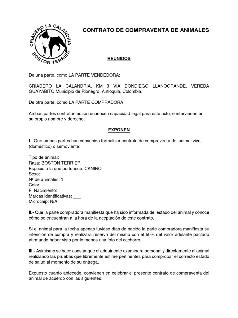 Contrato Compraventa Animales Criadero La Calandria | PDF | Derecho