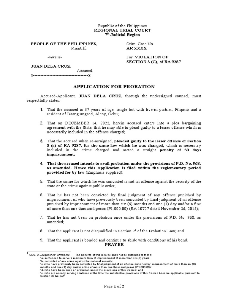 Application For Probation | PDF | Probation | Plea