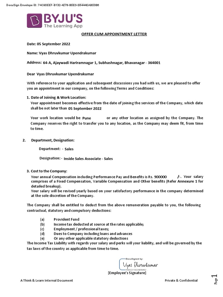 Offer Cum Appointment Letter: Inside Sales Associate - Sales | PDF ...