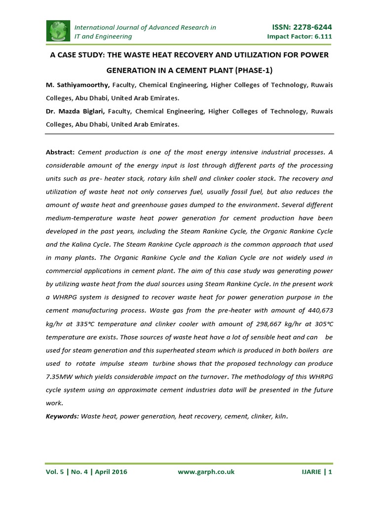 A Case Study: The Waste Heat Recovery and Utilization For Power Generation in A Cement Plant ...
