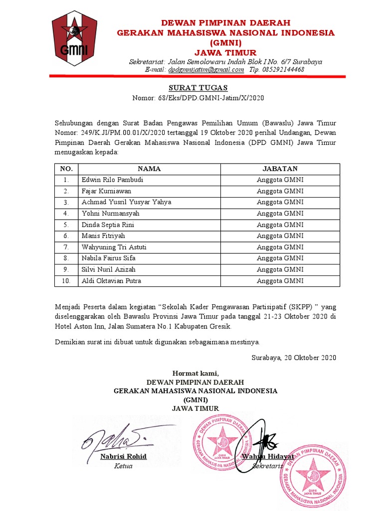 DPD GMNI Jatim - Surat Tugas SKPP Bawaslu Jatim | PDF