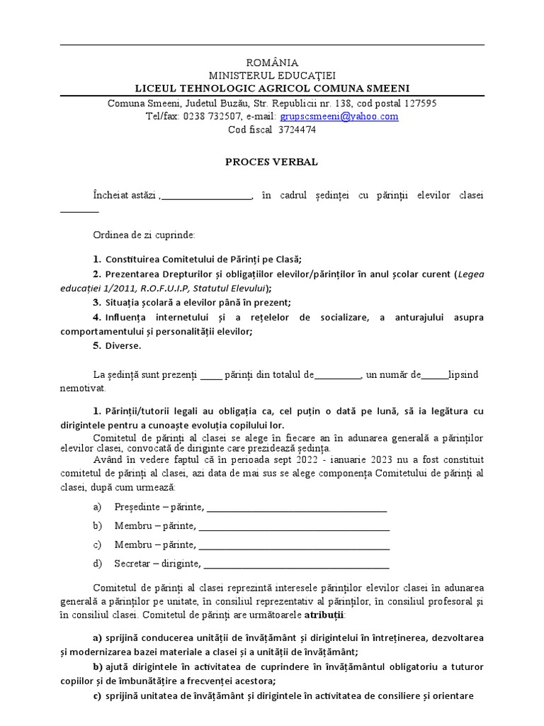 Proces Verbal Sedinta Parinti Personalizat | PDF