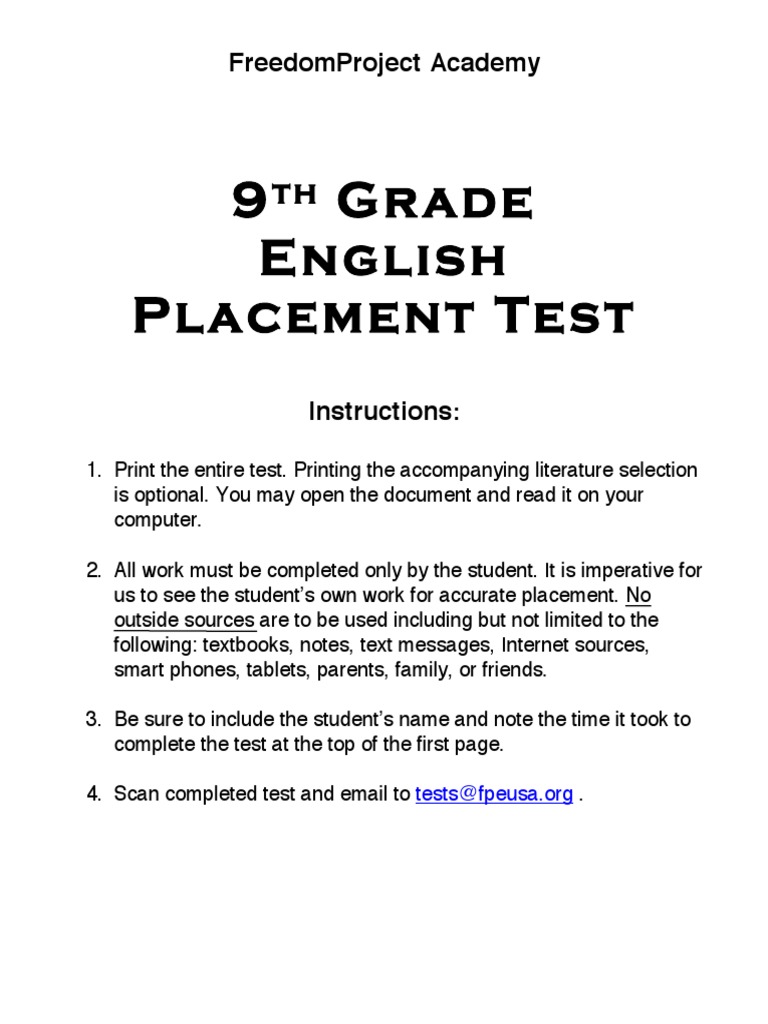 9th Grade English Placement Test | PDF | Adjective | Clause