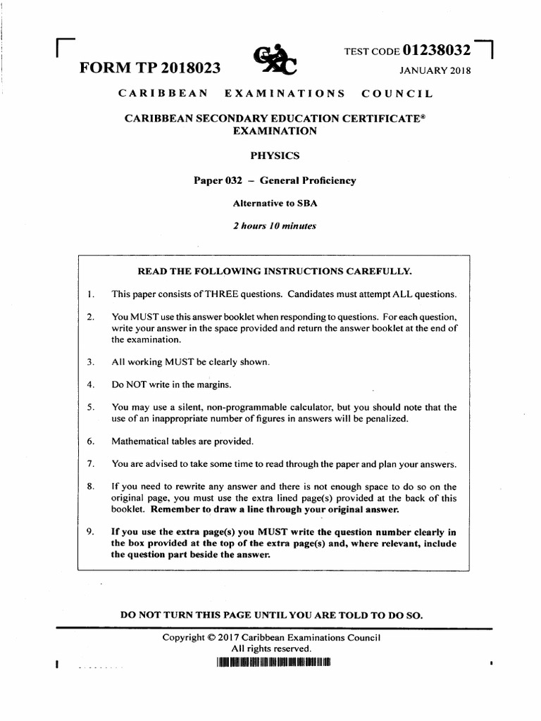 CSEC Physics January 2018 P032 (Alt. To SBA) | PDF | Physical ...
