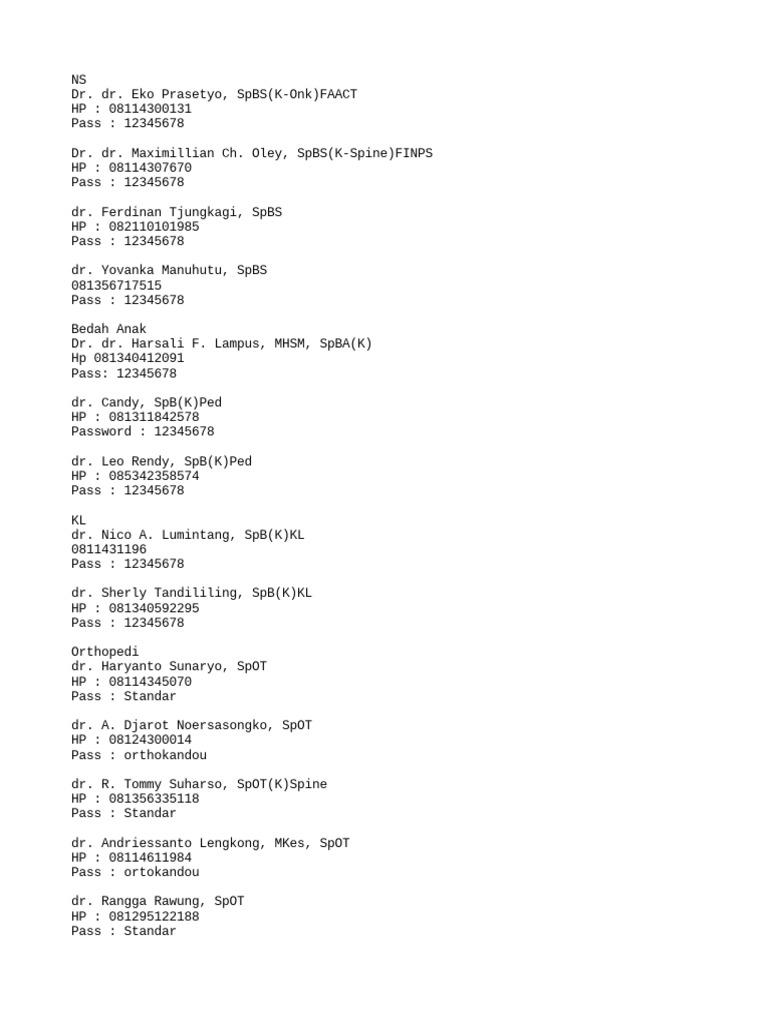 Contact Information for Specialist Doctors Across Multiple Medical ...