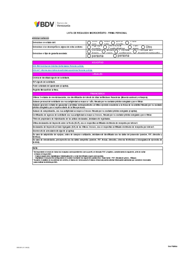 SOE.651 Lista de Recaudos Microcredito Firma Personal | PDF | Contador ...