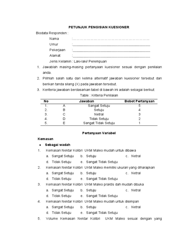 Petunjuk Pengisian Kuesioner | PDF | Griya & Taman