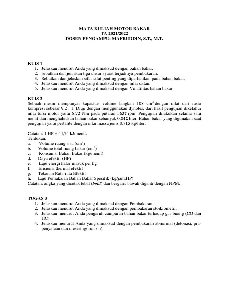 Kuis dan Tugas Motor Bakar | PDF